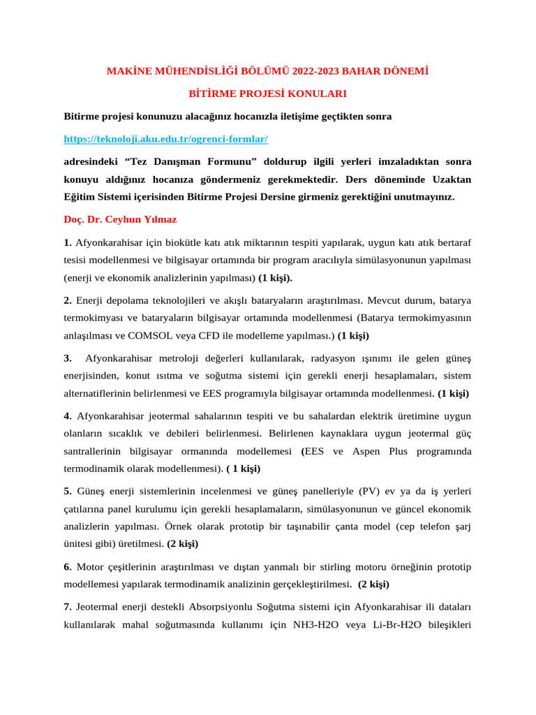 Bitirme Projesi Konulari 2022 2023 2 | PDF