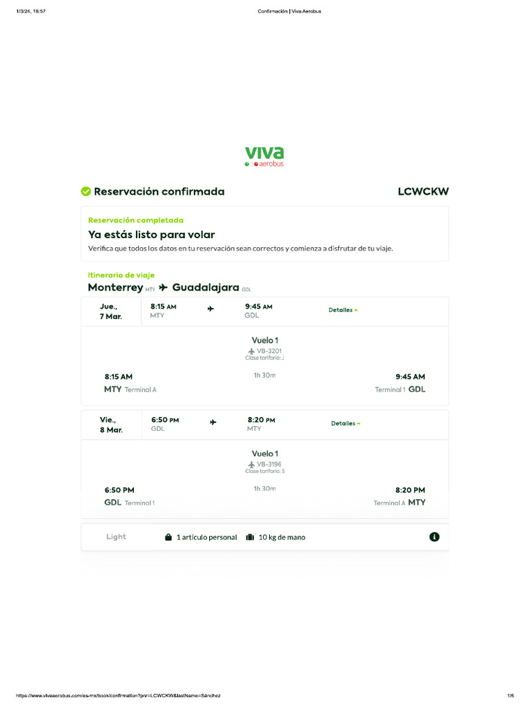 Confirmación - Viva Aerobus | PDF