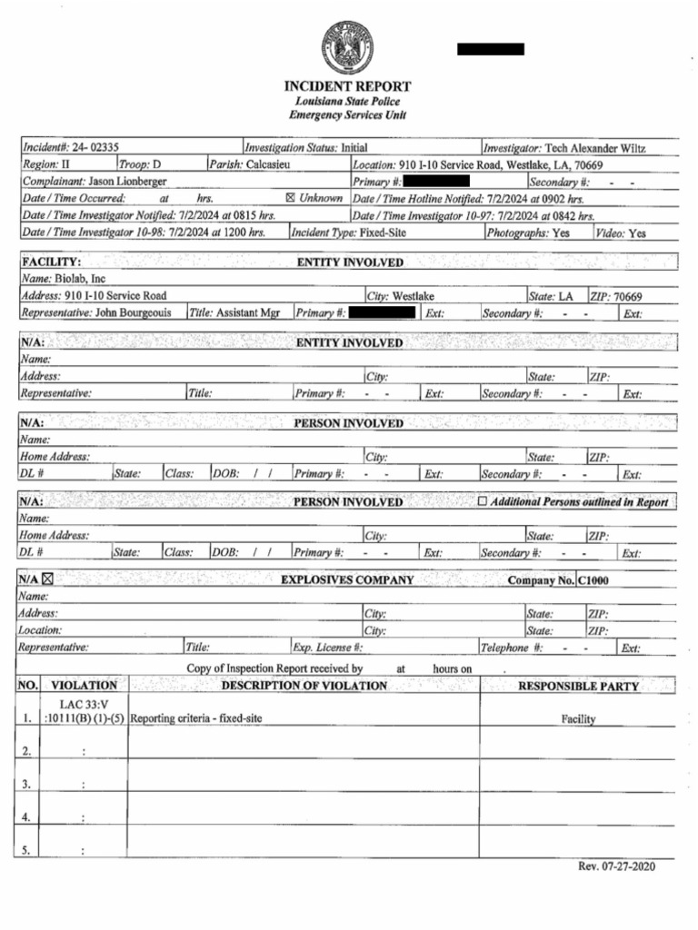 Redacted BioLab State Police Incident Report | PDF