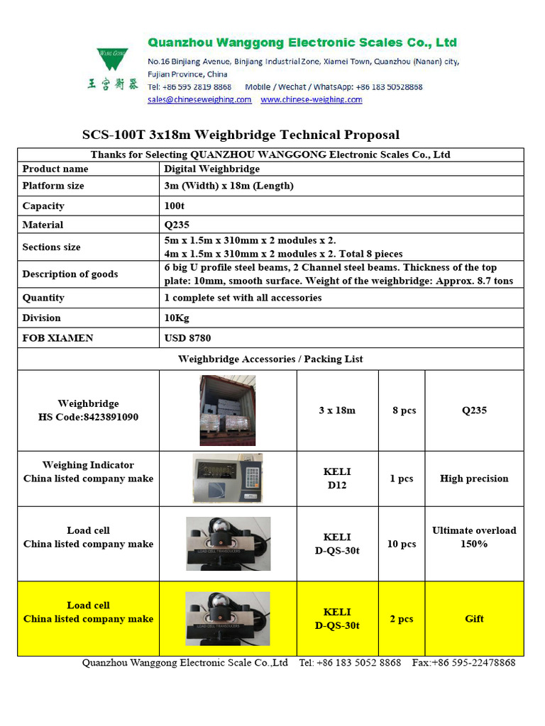 3x18m, 100t Weighbridge (FOB) | PDF | Equipment | Manufactured Goods