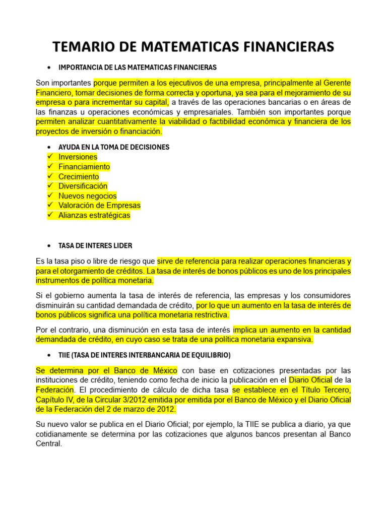 Temario de Matematicas Financieras | PDF
