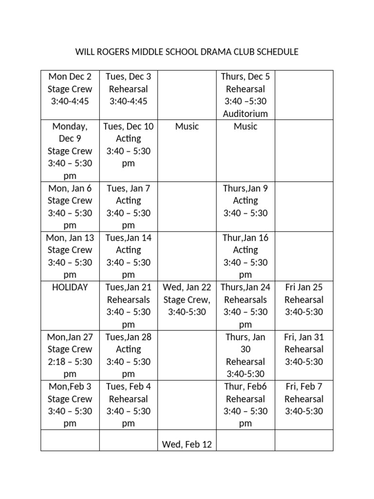Will Rogers Drama Club Schedule 2023 | PDF