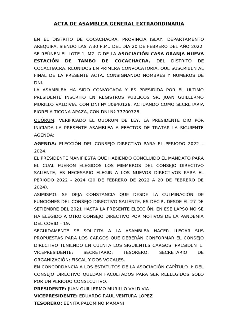 Acta de Asamblea General Extraordinaria Murillo | PDF | Gobierno | Derecho