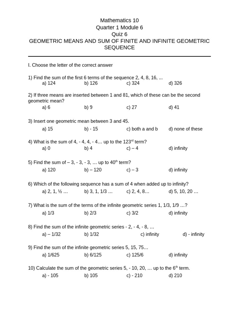 Quiz 6 Sum of Geometric Sequence | PDF
