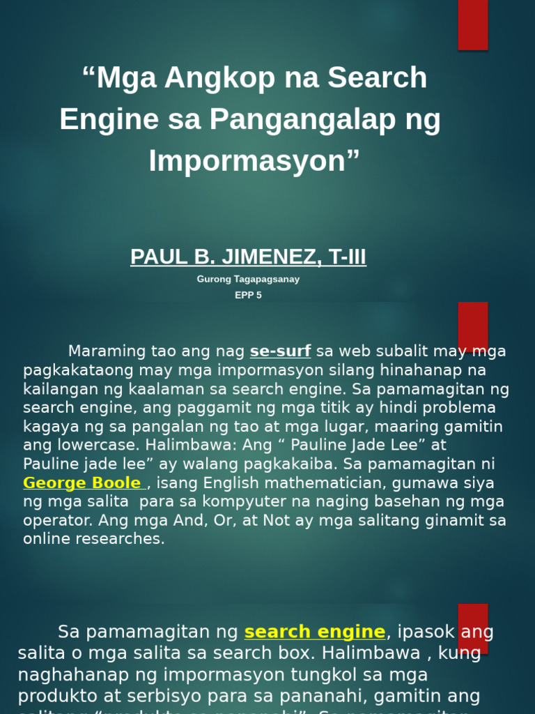 Presentation Cot Epp V Ict - Search Engine 1 | PDF