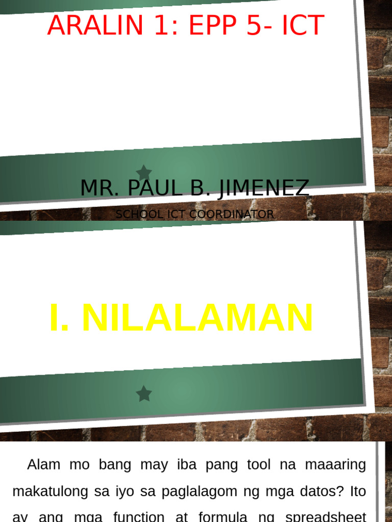 Epp 5-Ict & Entrepreneurship - Paglalagom NG Datos Gamit Ang Mga Basic Function at Formula Sa ...