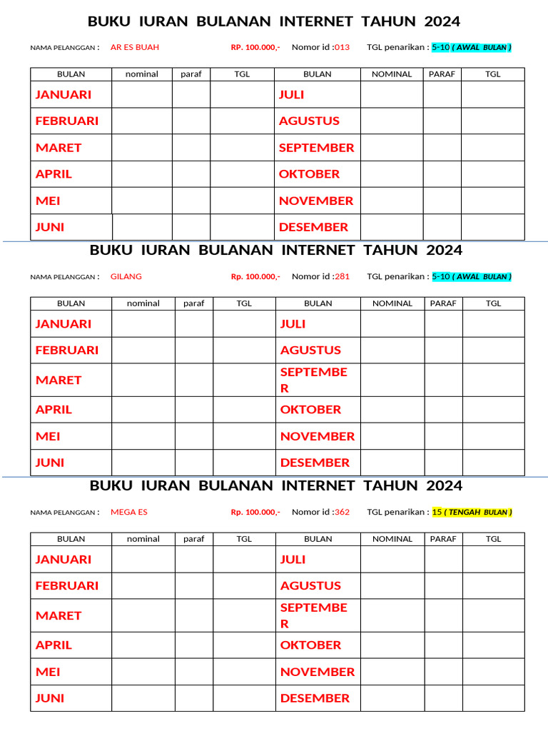 Buku Iuran Bulanan Internet Tahun 2024 | PDF