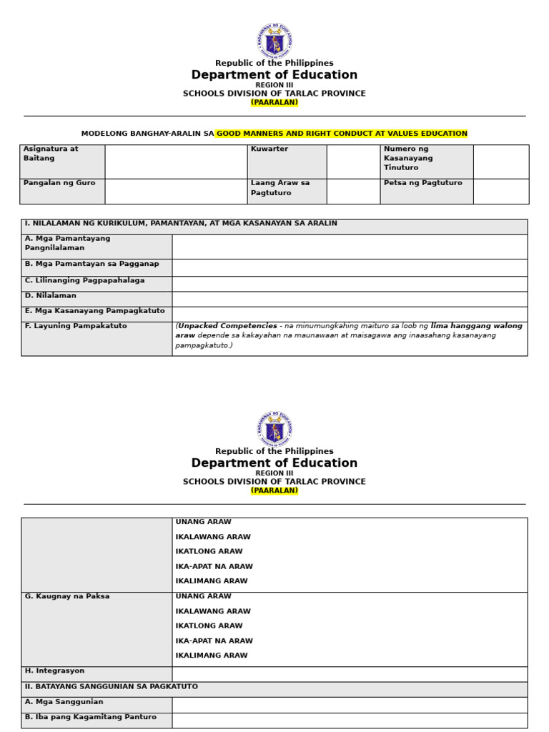Template of Lesson Exemplar For GMRC and VE | PDF