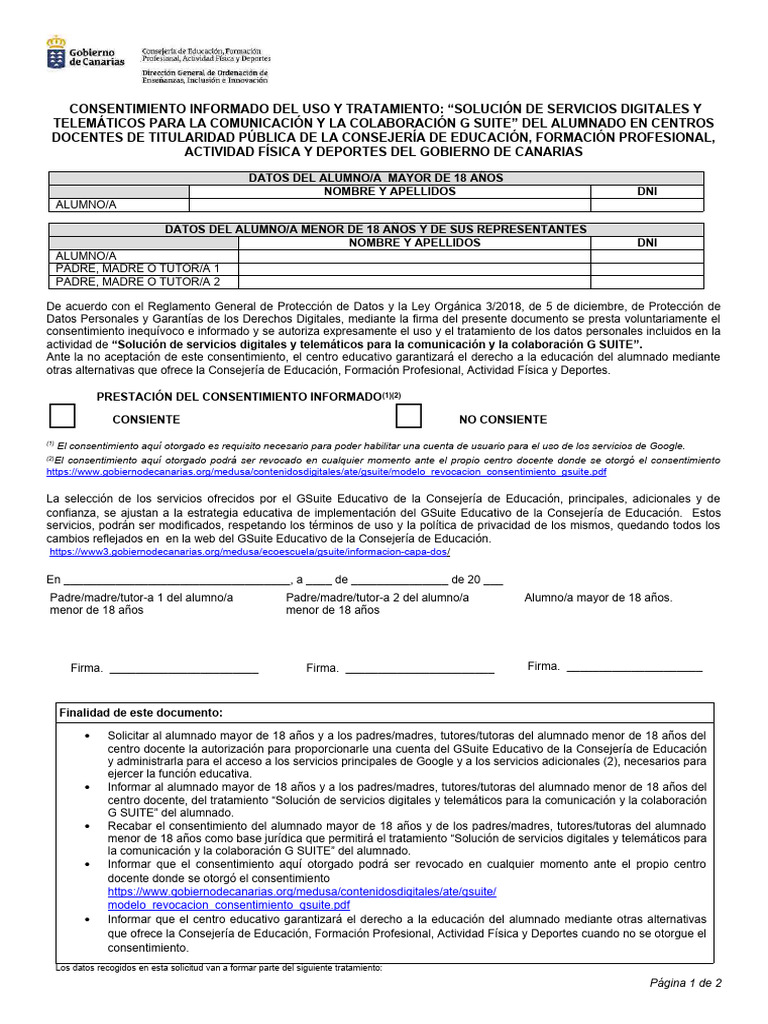 Modelo Consentimiento Gsuite | PDF