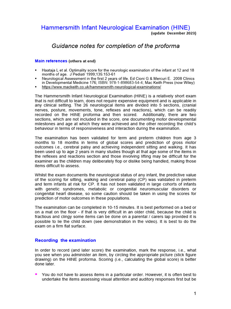 Hammersmith Infant Neurological Examination HINE Guidance Notes Update ...