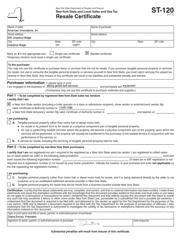 New York ST-120 Resale Certificate Guide | PDF | Sales Taxes In The ...