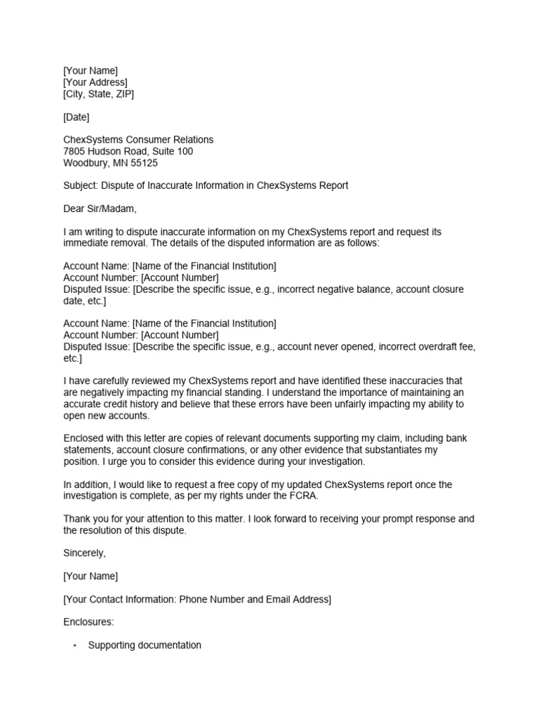ChexSystem Dispute Letter Sample | PDF | Finance & Money Management