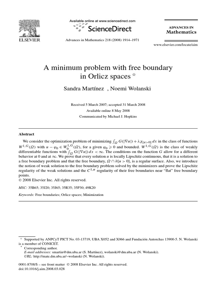 A Minimum Problem With Free Boundary in Orlicz Spaces - Noemi e Sandra | PDF