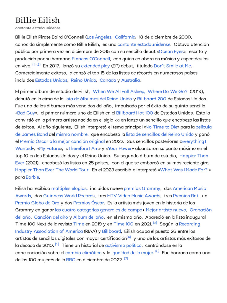 Billie Eilish - Wikipedia, La Enciclopedia Libre | PDF