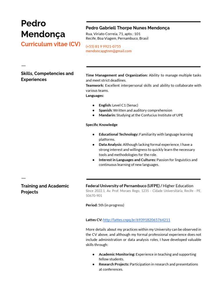 Curriculum Vitae - Pedro W - Duo | PDF