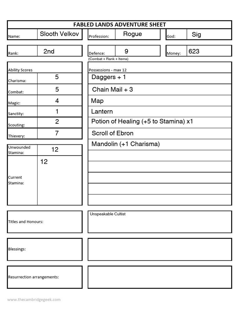 Fabled Lands Adventure Sheet | PDF