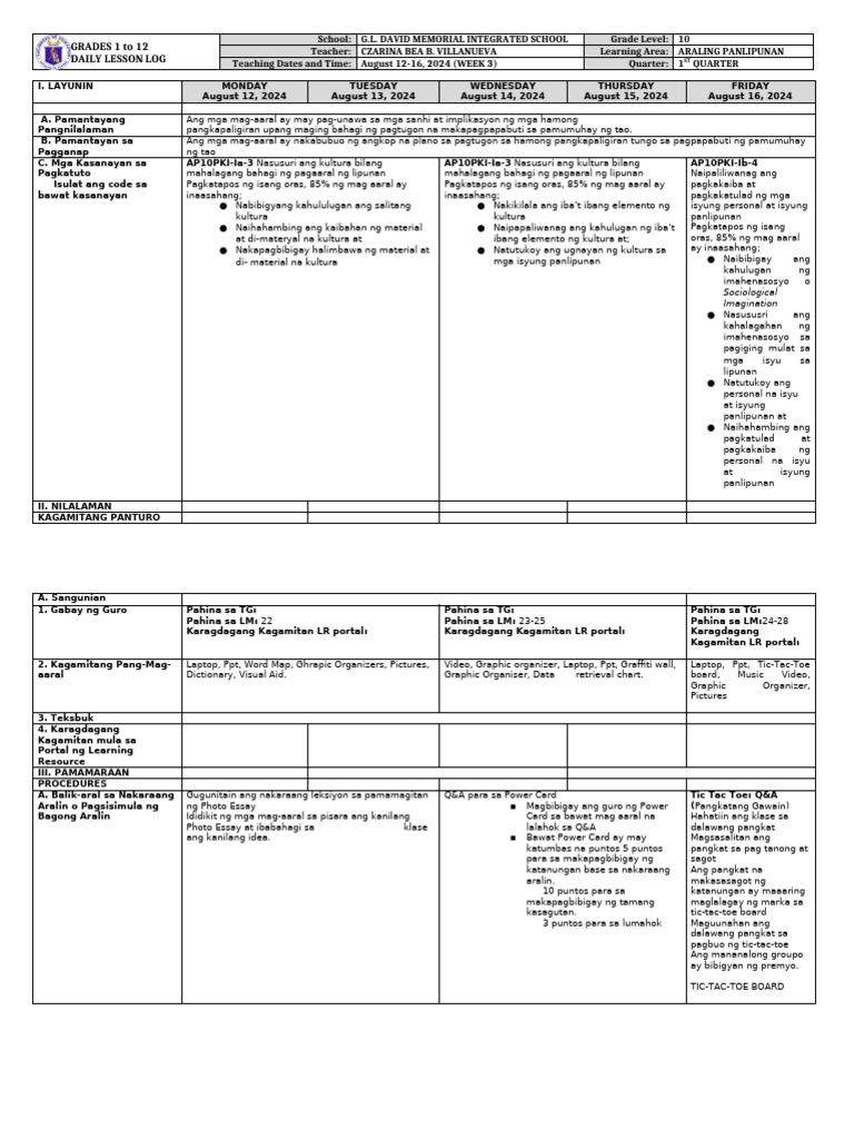 GRADES 1 To 12 Daily Lesson Log: Sociological Imagination | PDF