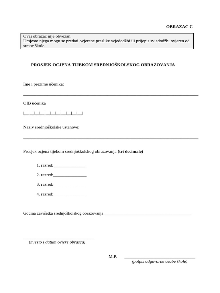1 - OBRAZAC - C-Prosjek Ocjena Srednje Škole | PDF