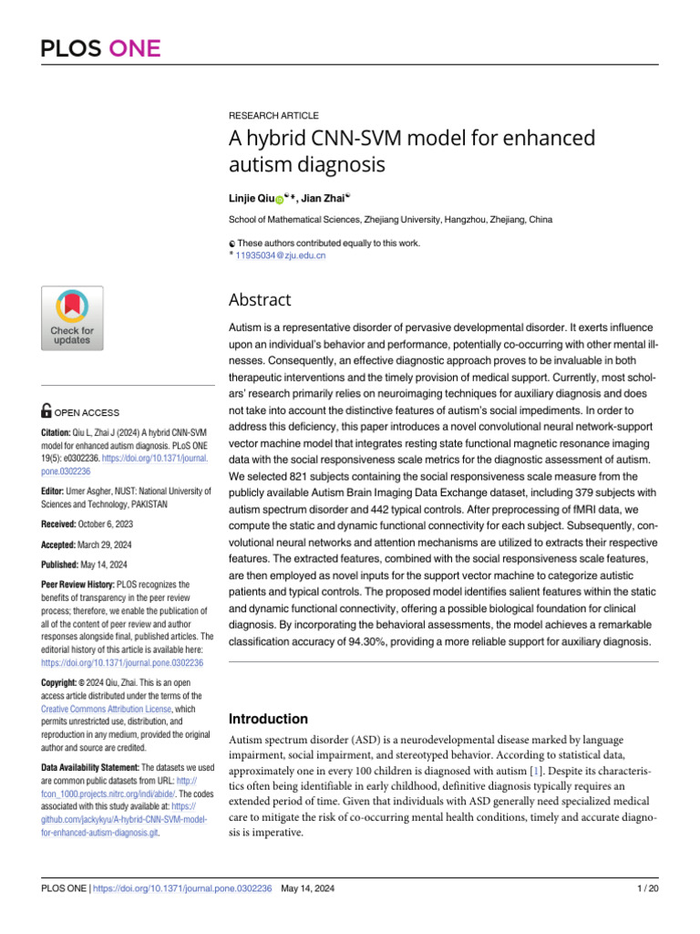 Pone.0302236 A Hybrid CNN-SVM Model For Enhanced Autism Diagnosis | PDF ...