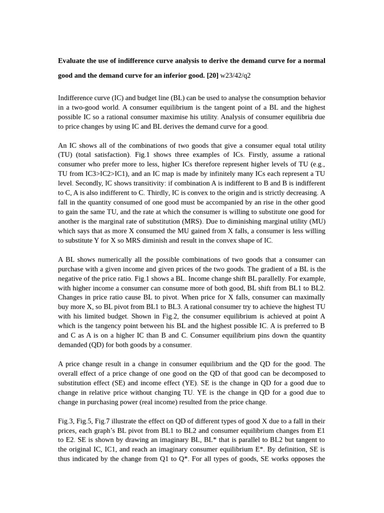 Evaluate The Use of Indifference Curve Analysis To Derive The Demand ...