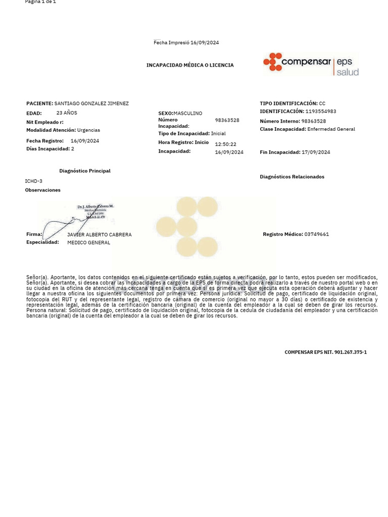 SANTIAGO JIMENEZ-incapacidad-compensar PDF | PDF