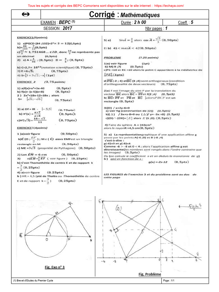 Stock LesPdf Examens BEPC Comores Corr 2017 Comores Corr Mathematique BEPC 2017 | PDF
