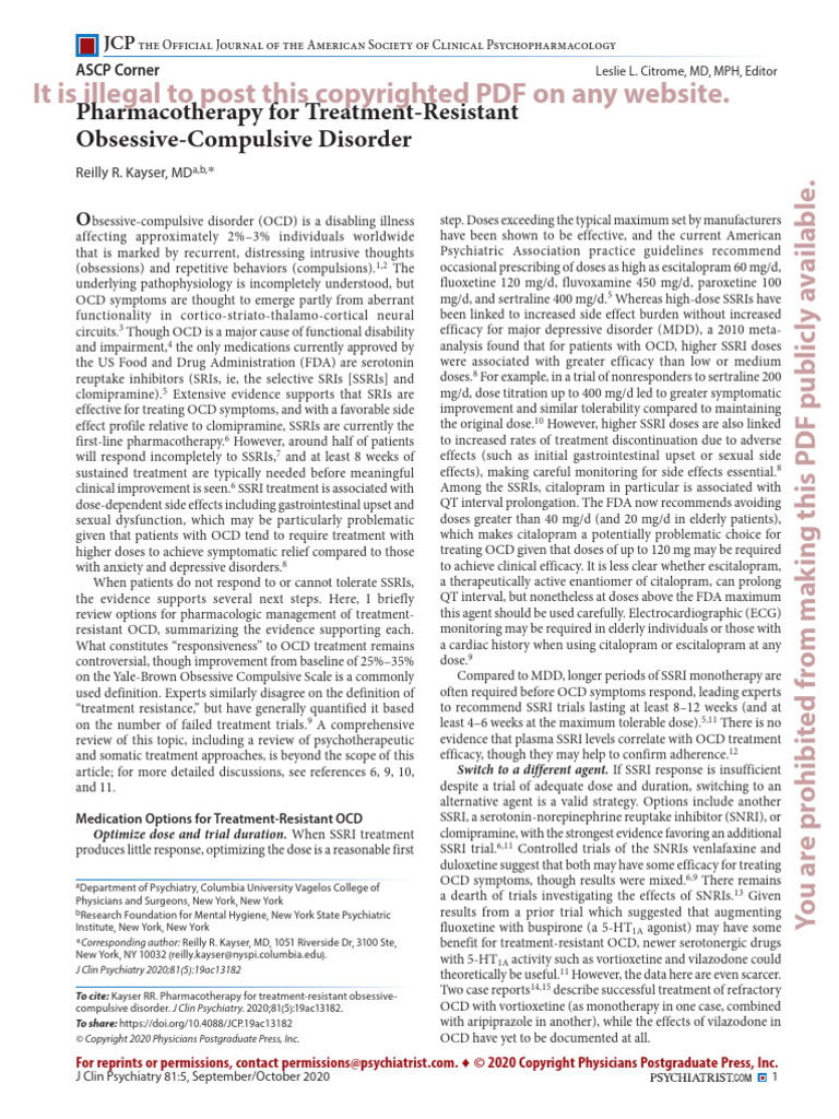 Pharmacotherapy Treatment Resistant Ocd Ascp | PDF