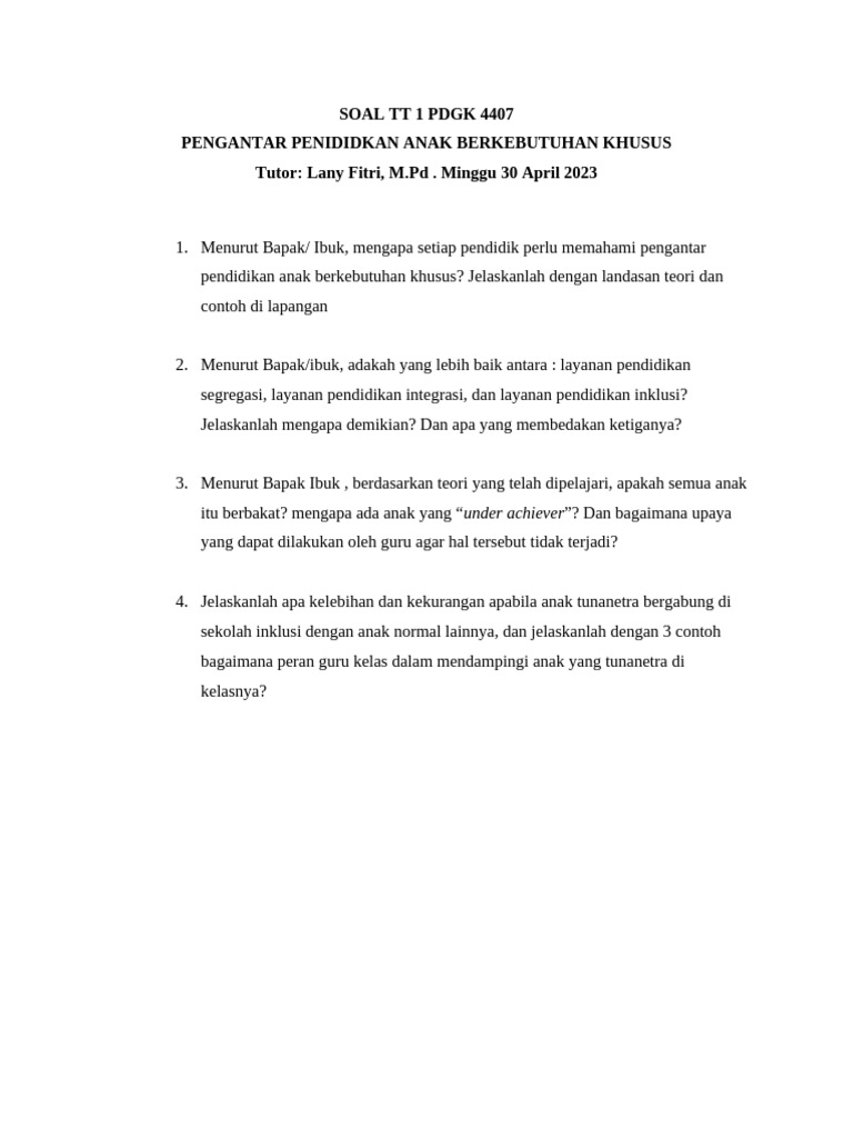 SOAL TT 1 PDGK 4407 | PDF