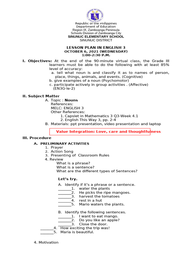 Grade 3 English Lesson Plan | PDF | Learning | Educational Technology