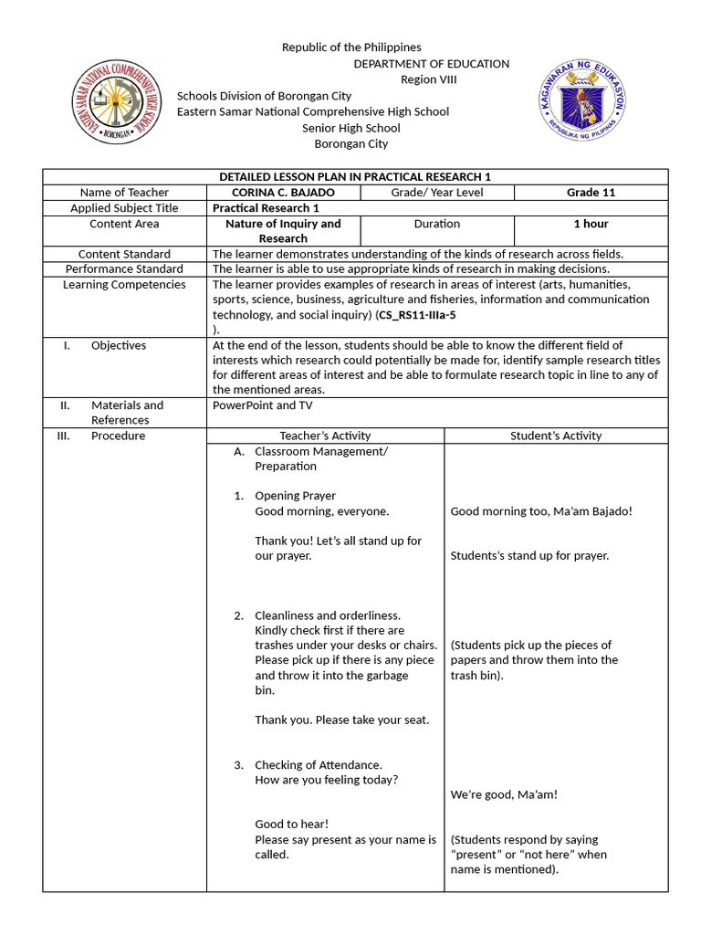 Detailed Lesson Plan 3 - 11 TOURISM | PDF | Teachers | Lesson Plan