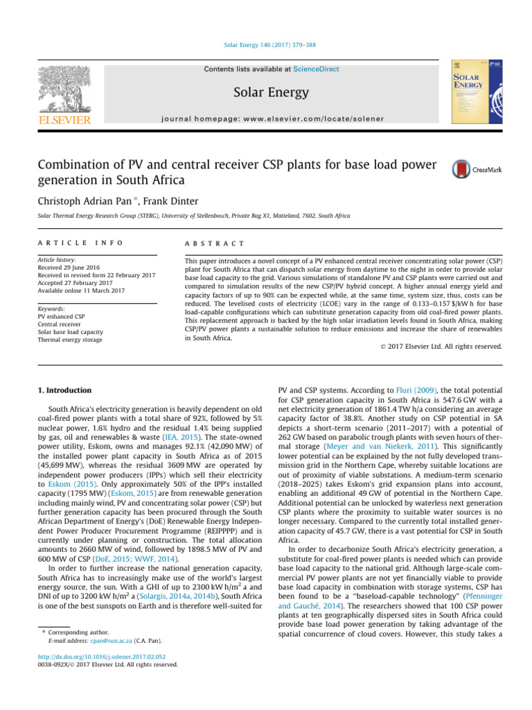 Combination of PV and Central Receiver CSP Plants For Base Load Power ...