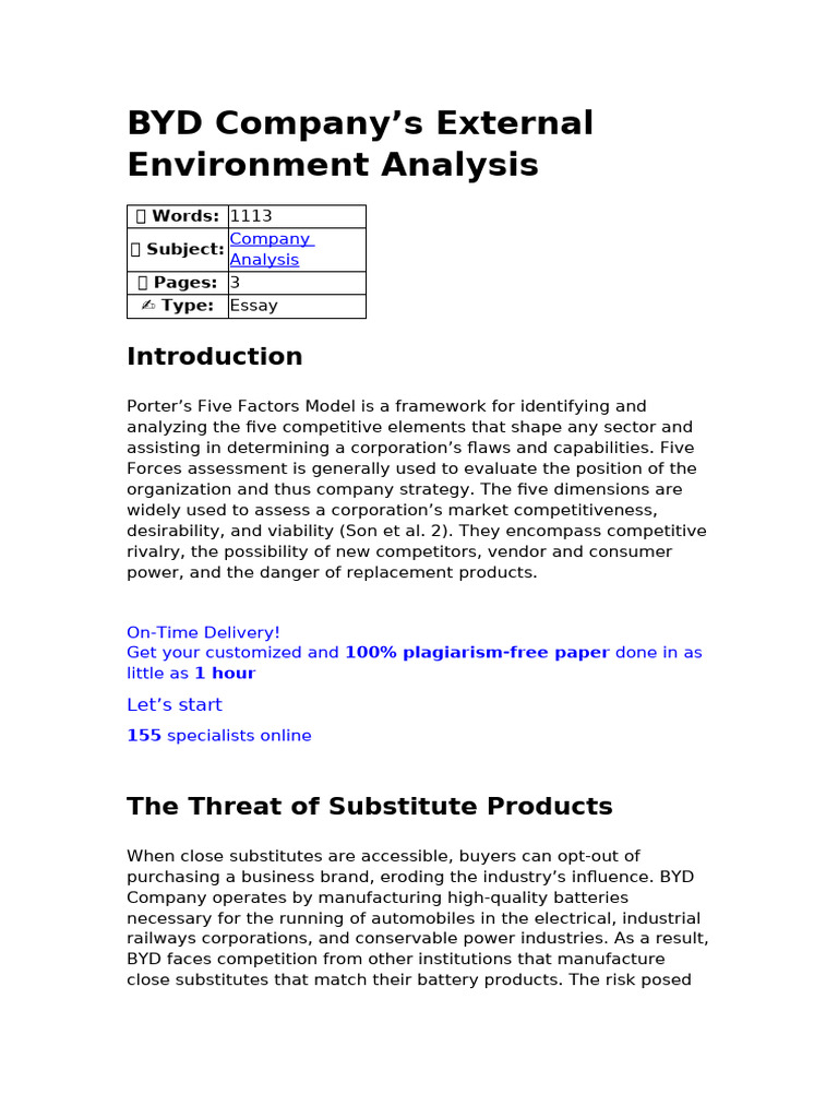 BYD Company’s External Environment Analysis | PDF