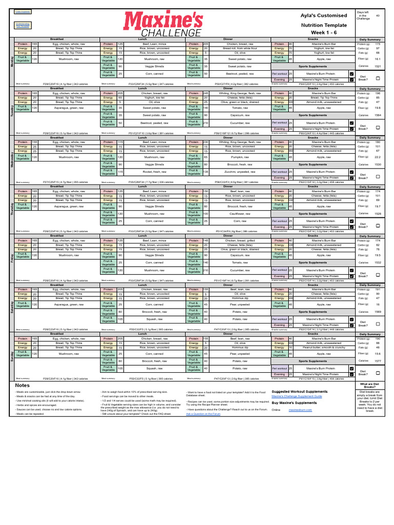 Max & Maxine Challenge Nutrition Template (August 2021) | PDF ...