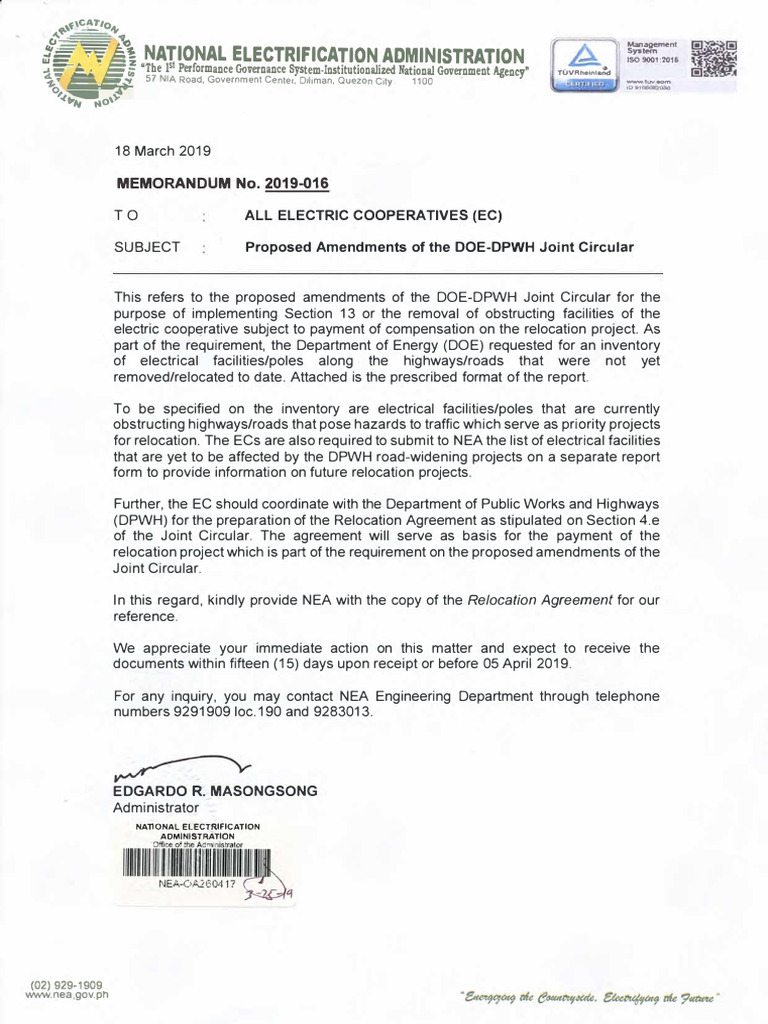 Memo To ECs 2019-016 Proposed Amendments DOE-DPWH JC | PDF