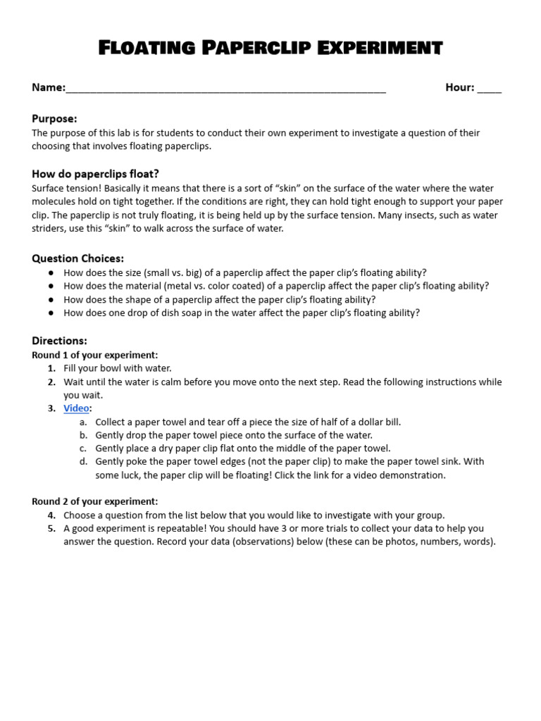 Floating Paperclip Experiment | PDF