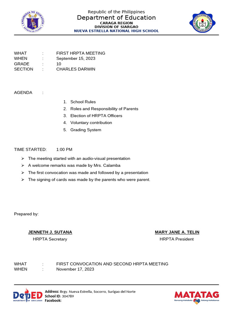 1st HRPTA Meeting-Minutes | PDF