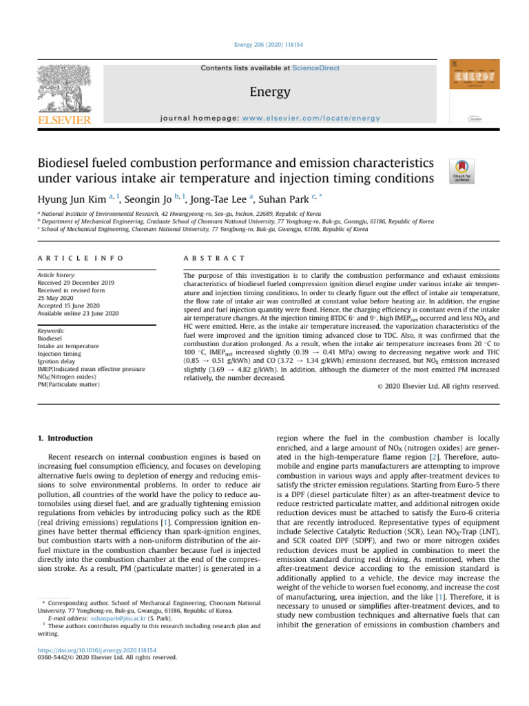 Biodiesel Fueled Combustion Performance and Emission Characteristics Under Various Intake Air ...