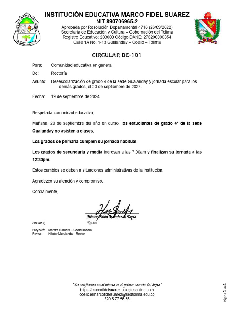 Circular 101. Jornada Escolar 20 de Septiembre | PDF