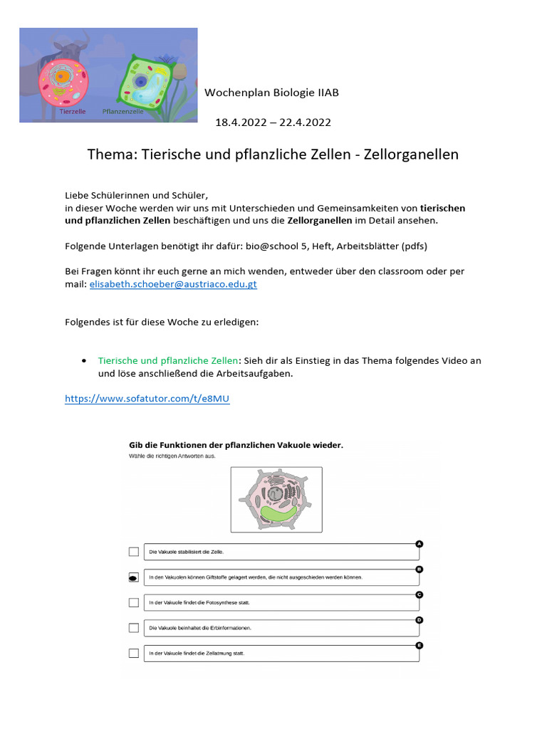 Wochenplan Biologie IIAB April18-April22 | PDF
