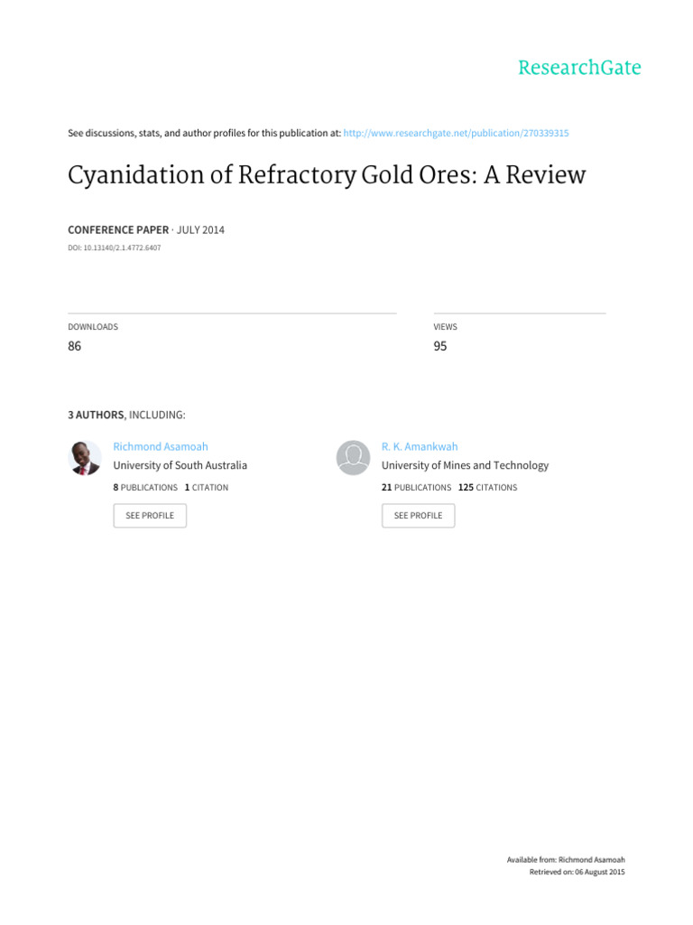 Cyanidation of Refractory Au Ores (2014) | PDF