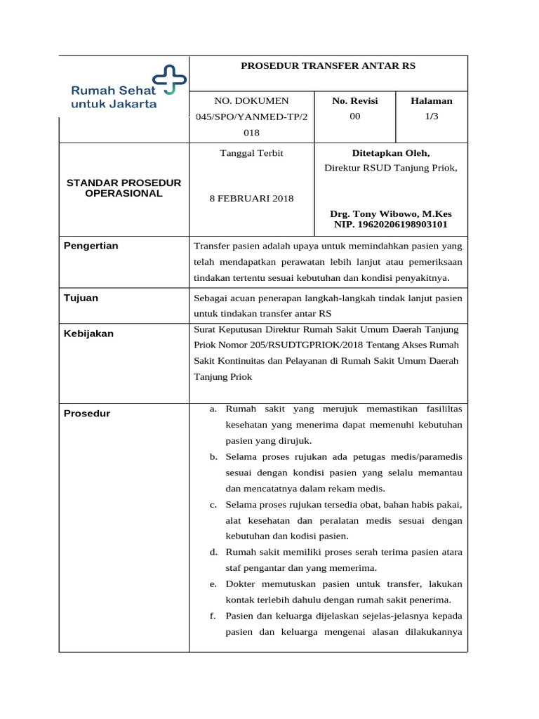 Spo Prosedur Transfer Antar RS | PDF