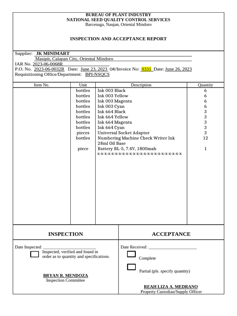 Inspection and Acceptance Report JK Minimart: Bureau of Plant Industry ...
