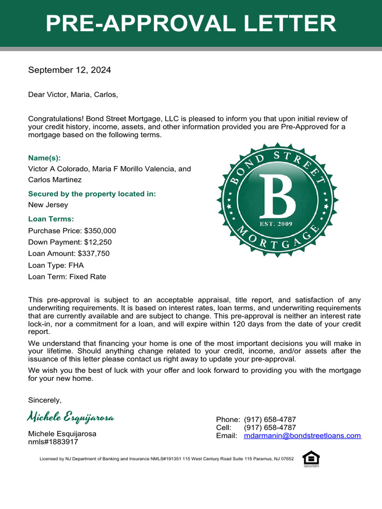 Preapproval Letter - 350K Vic - Mafe | PDF