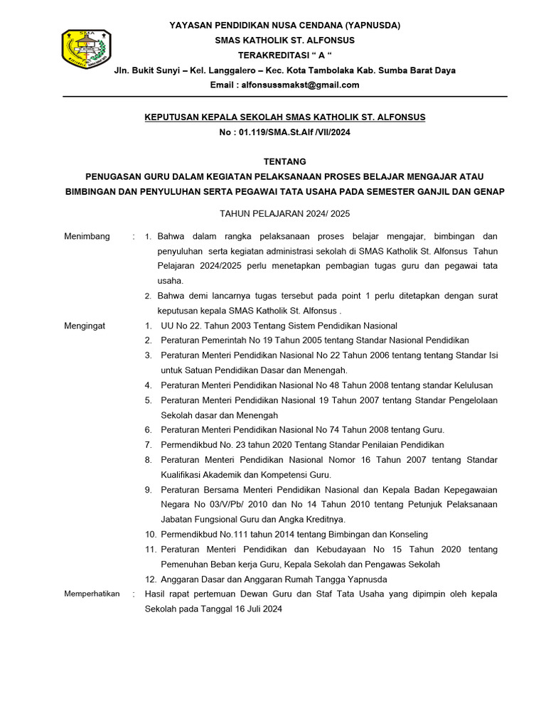 SK Pembagian Tugas Guru Dan Pegawai Tapel 2024-2025 | PDF