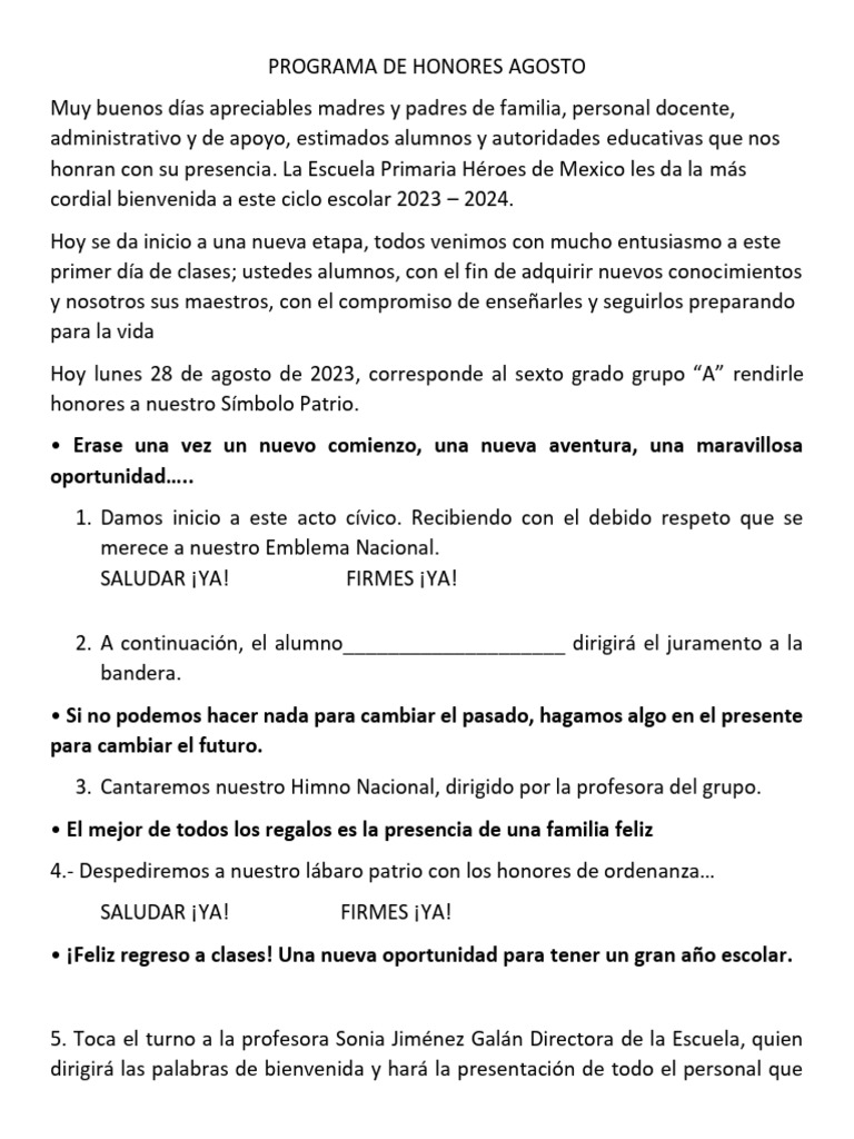 Programa Honores Agosto Inicio Ciclo Escolar | PDF