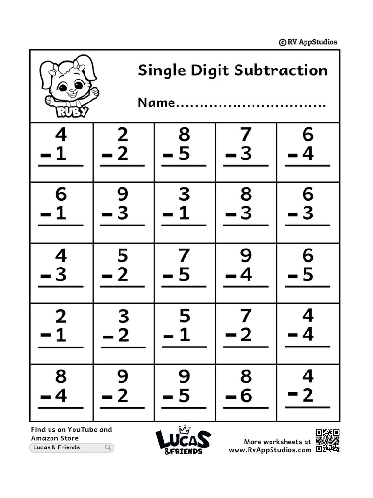 145 Free Printable Worksheets For Kids Single Digit Subtraction ...