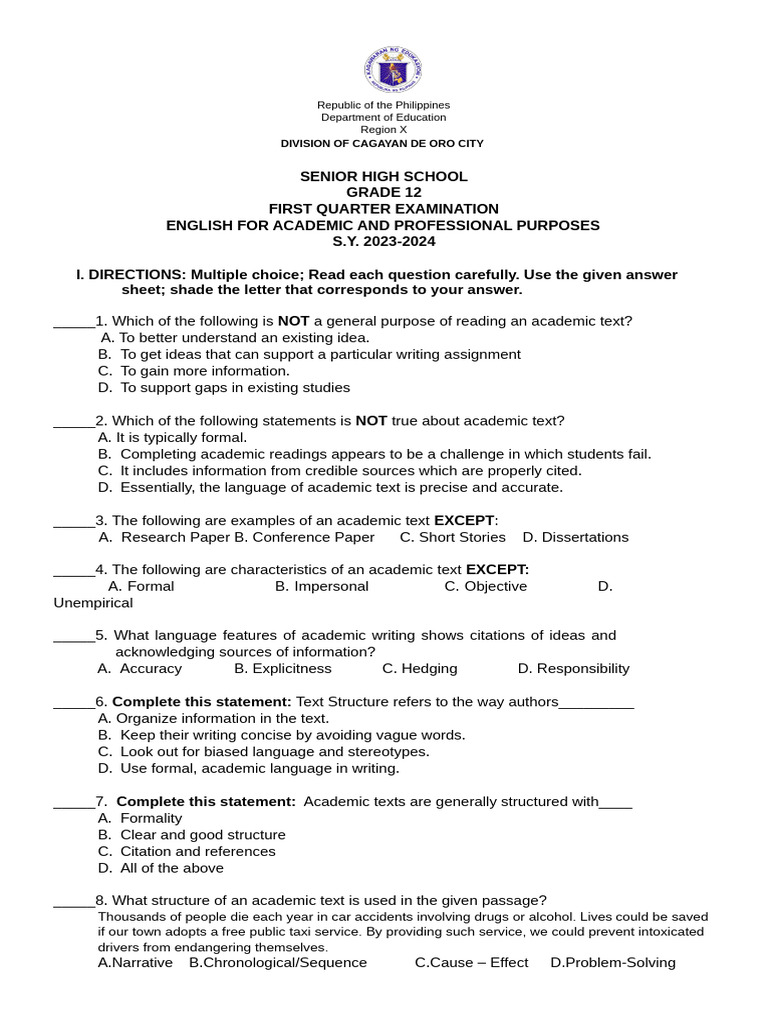 EAPP G12 1st Quarter Exam | PDF