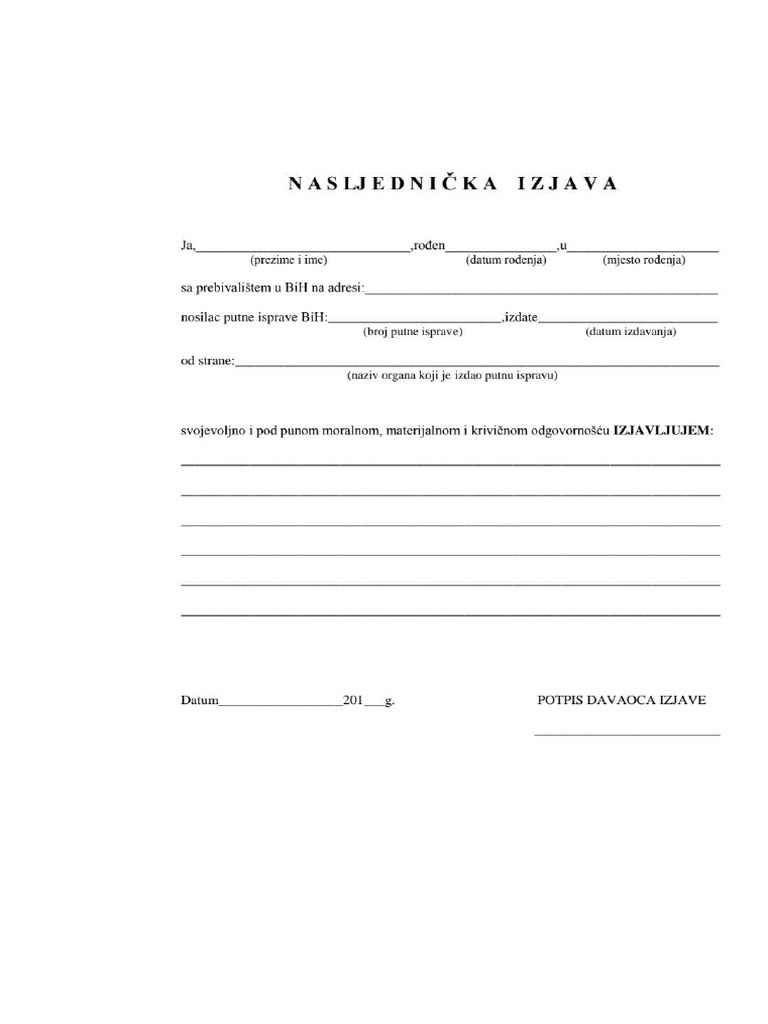 Nasljednicka Izjava Obrazac 1 240919 203133 | PDF