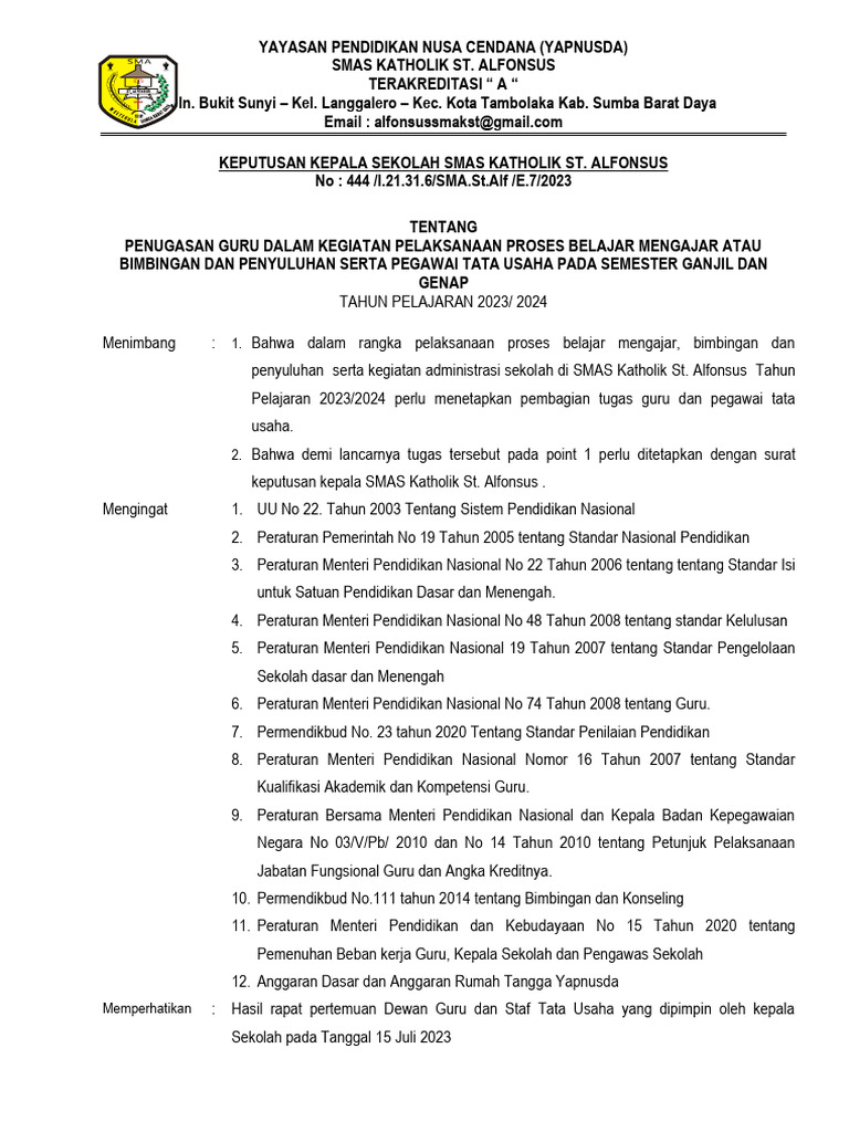 SK Penugasan Guru Dan Pegawai 2023-2024 | PDF