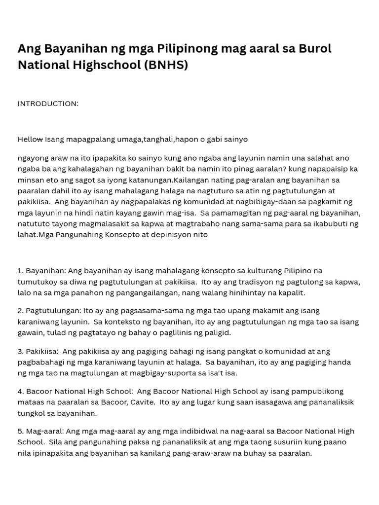 Ang Bayanihan NG Mga Pilipinong Mag Aaral Sa Burol National Highschool (BNHS) PDF | PDF
